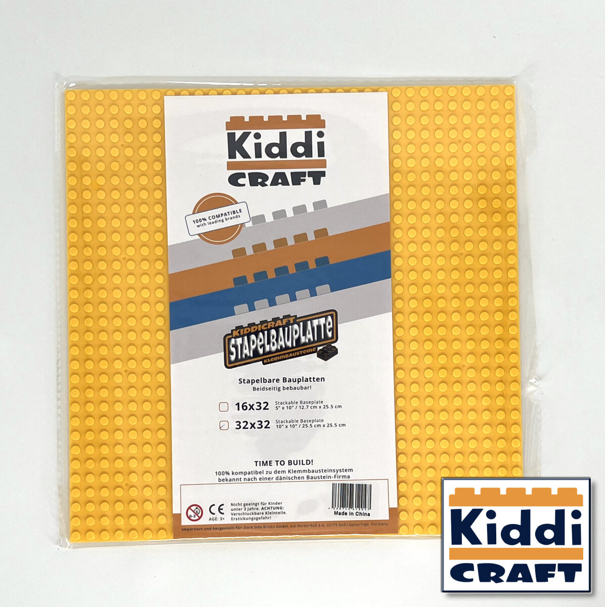 Kiddicraft Stackable Baseplate 32 x 32 Noppen (25,5 x 25,5cm) Gelb, 4,49